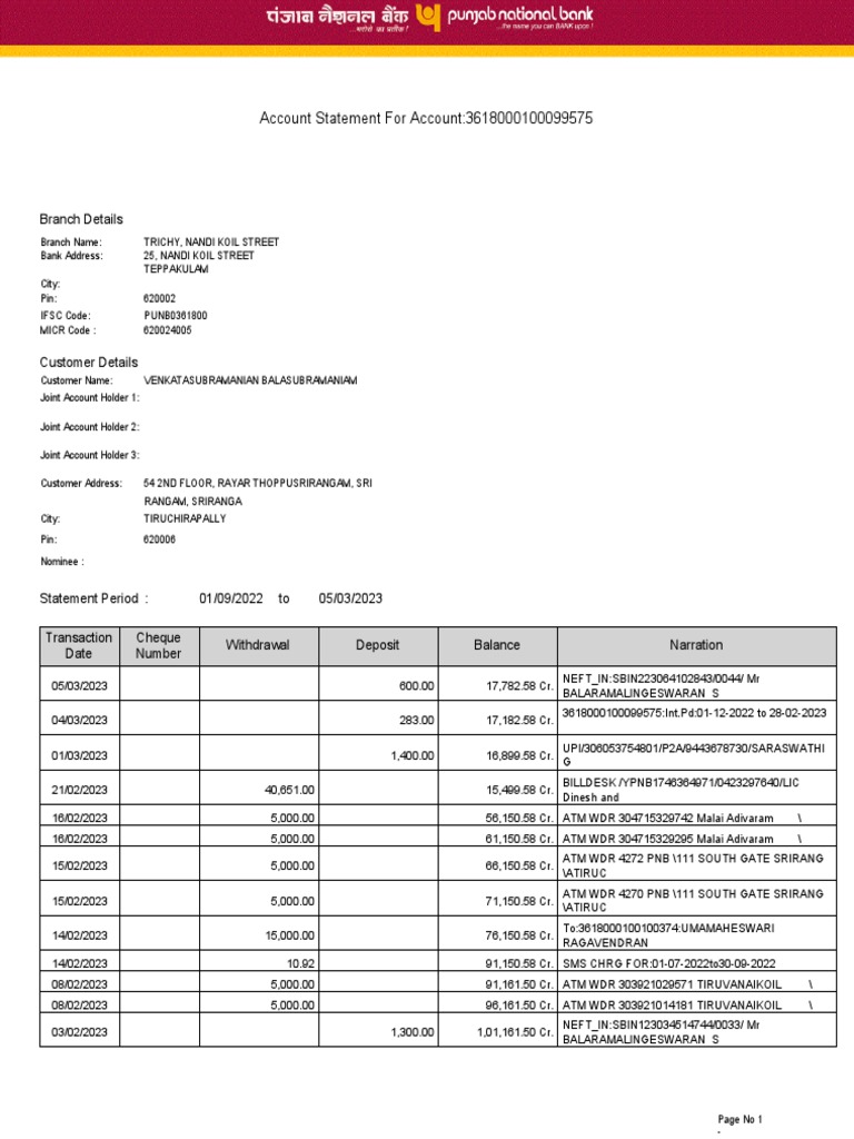 Venkat Bank Stat | PDF | Cheque | Automated Teller Machine