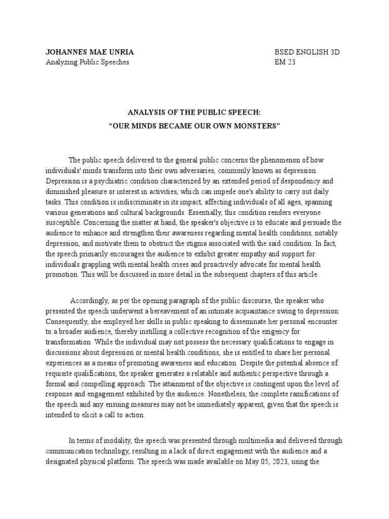 Analysis of The Public Speech | PDF | Public Speaking | Mental Health