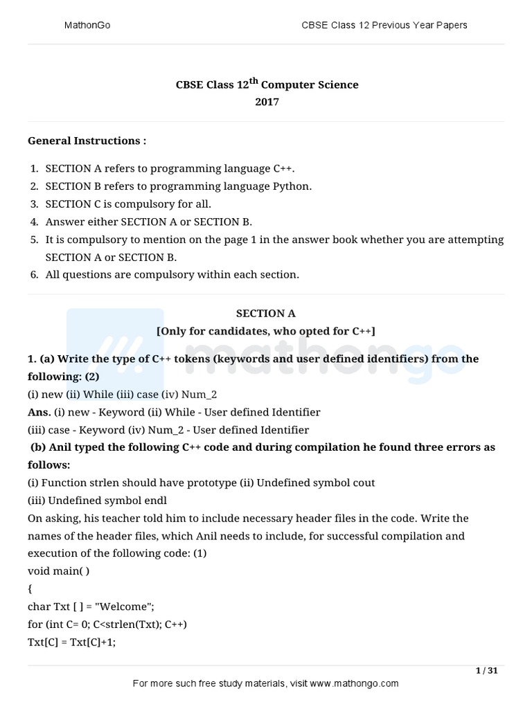 CBSE Class 12 CS Exam 2017 | PDF | Computer Network | Method (Computer ...