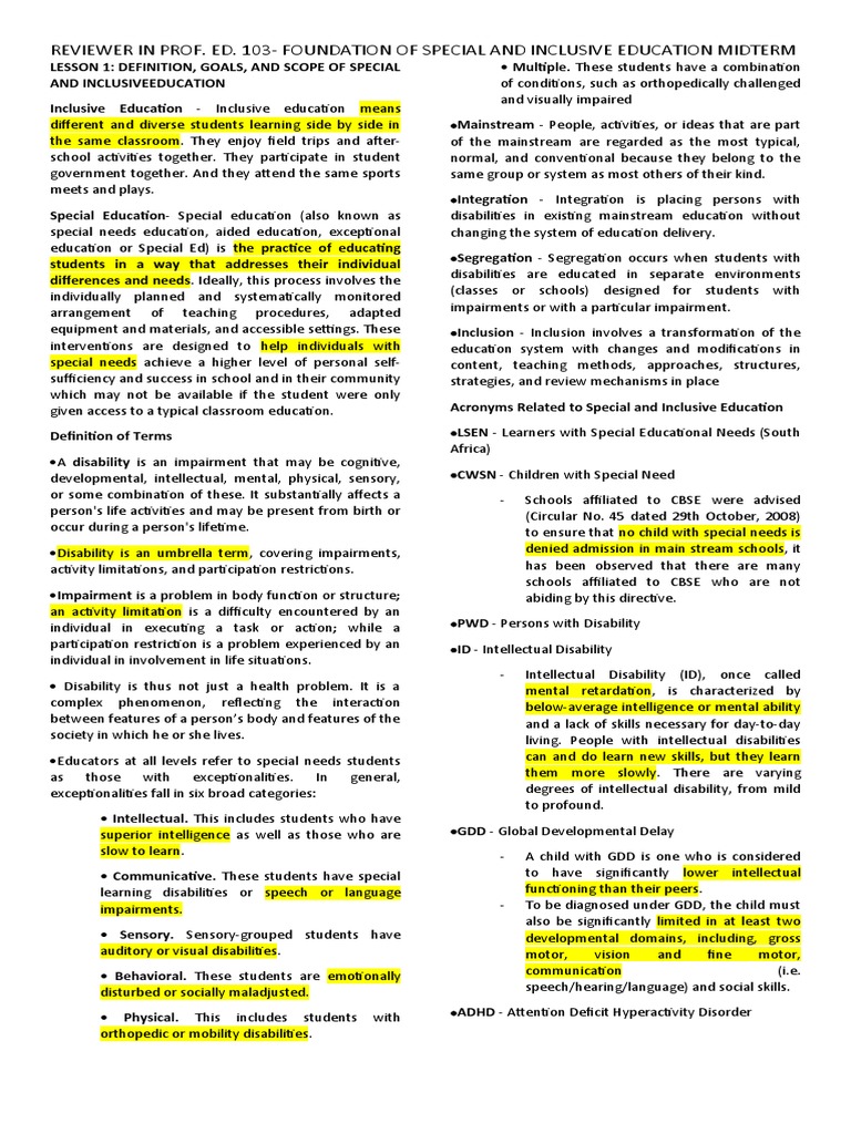 Reviewer in Fsie Midterm | PDF | Special Education | Inclusion (Education)