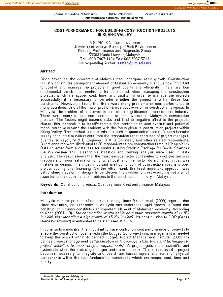 Cost Performance in Klang Valley Construction | PDF | Survey ...