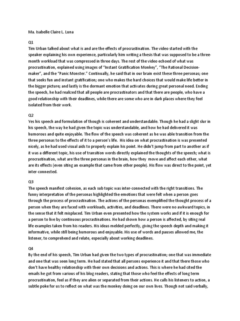 Speech and Communications Reflection Paper | PDF | Procrastination | Professional Skills