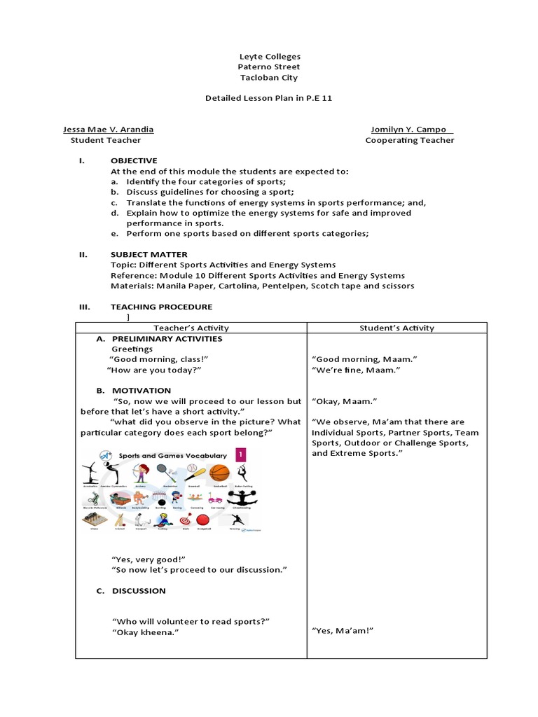 P.E. 11 Lesson Plan: Sports Categories | PDF