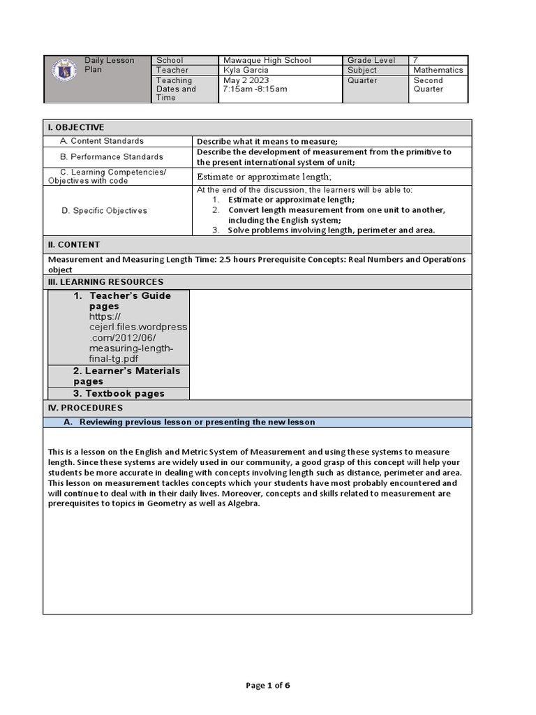 Lesson Plan Garcia Kyla T. Beed 1b | PDF | Foot (Unit) | Measurement
