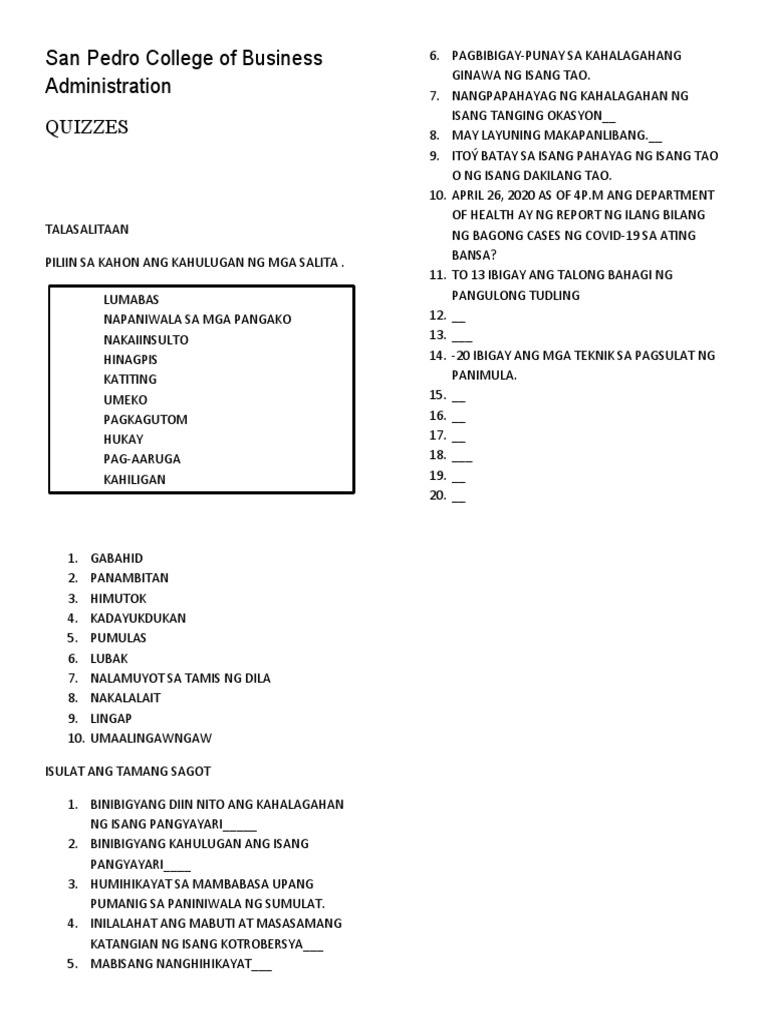 San Pedro College of Business Administration Quizzes | PDF
