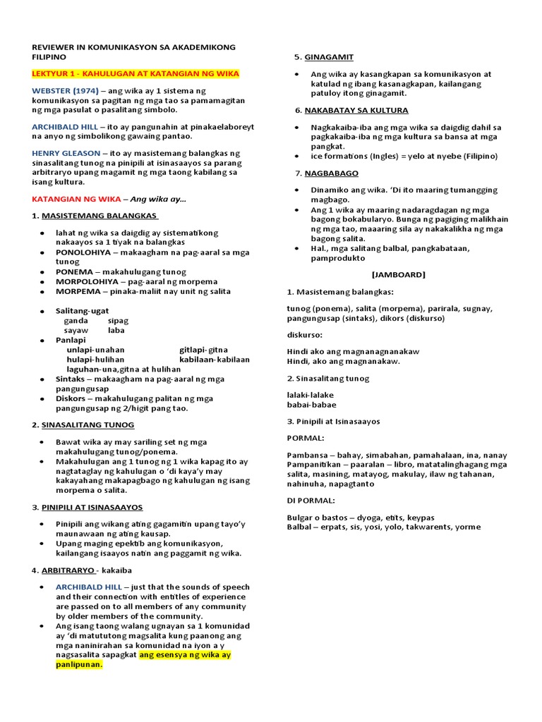 Reviewer in Komunikasyon Sa Akademikong Filipino | PDF