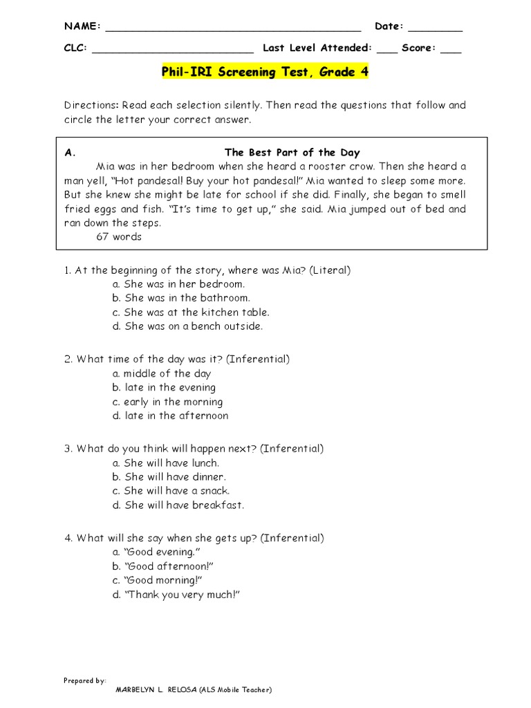 Pre-Test Phil-Iri English Reading | PDF | Coral Reef | Clock