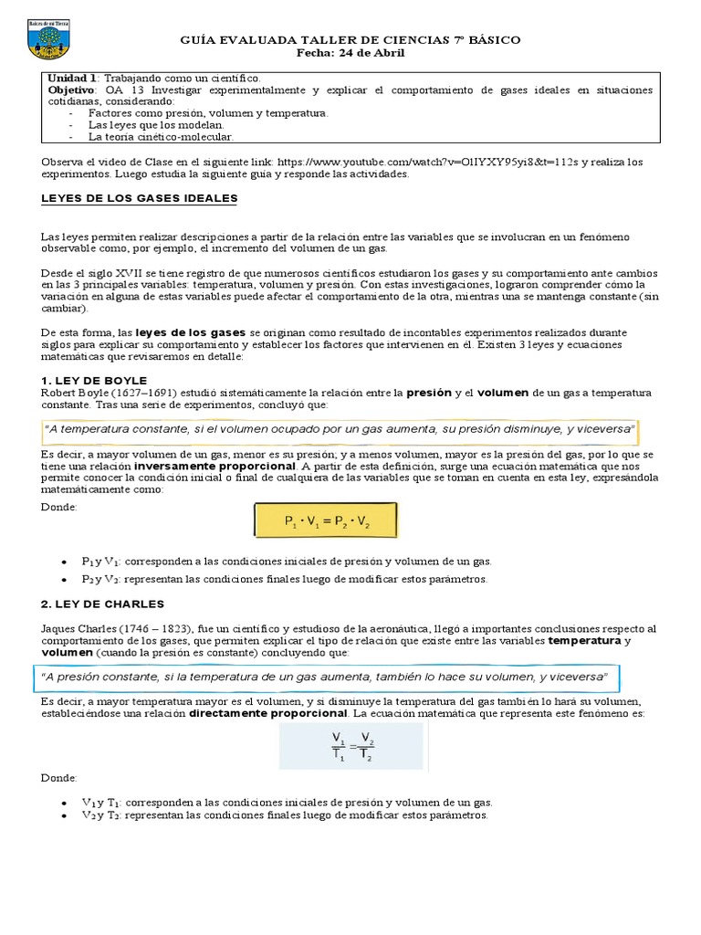 Guía Evaluada Taller de Ciencias 7º Básico | PDF | Gases | Ciencias fisicas