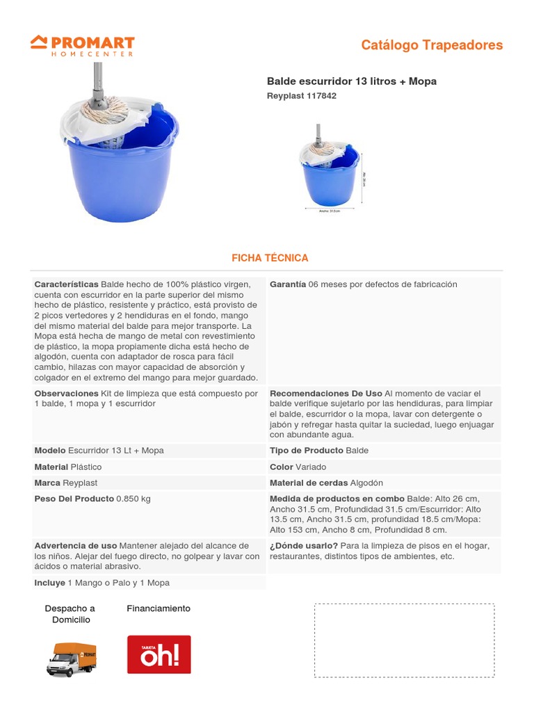 Kit de limpieza de pisos compuesto por balde, escurridor y mopa de ...