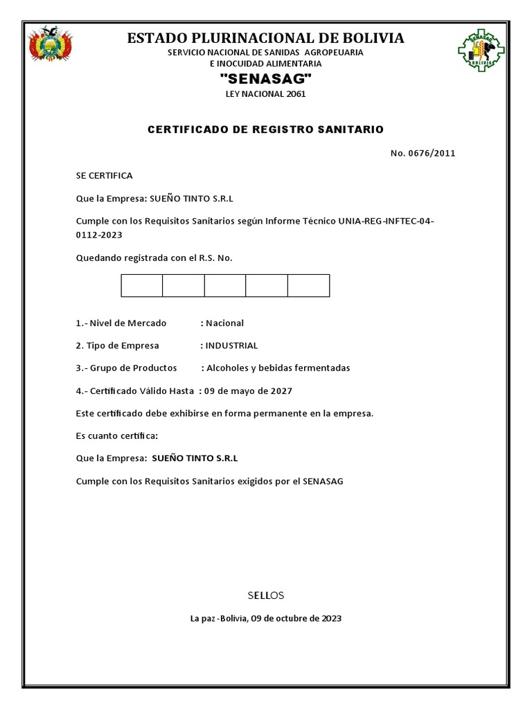 CERTIFICADO de Registro Sanitario | PDF