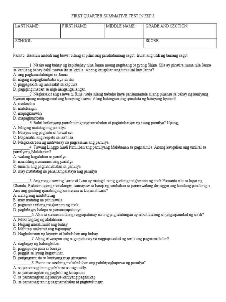 Esp 8 Summative Test | PDF Esp 8 Summative Test | PDF