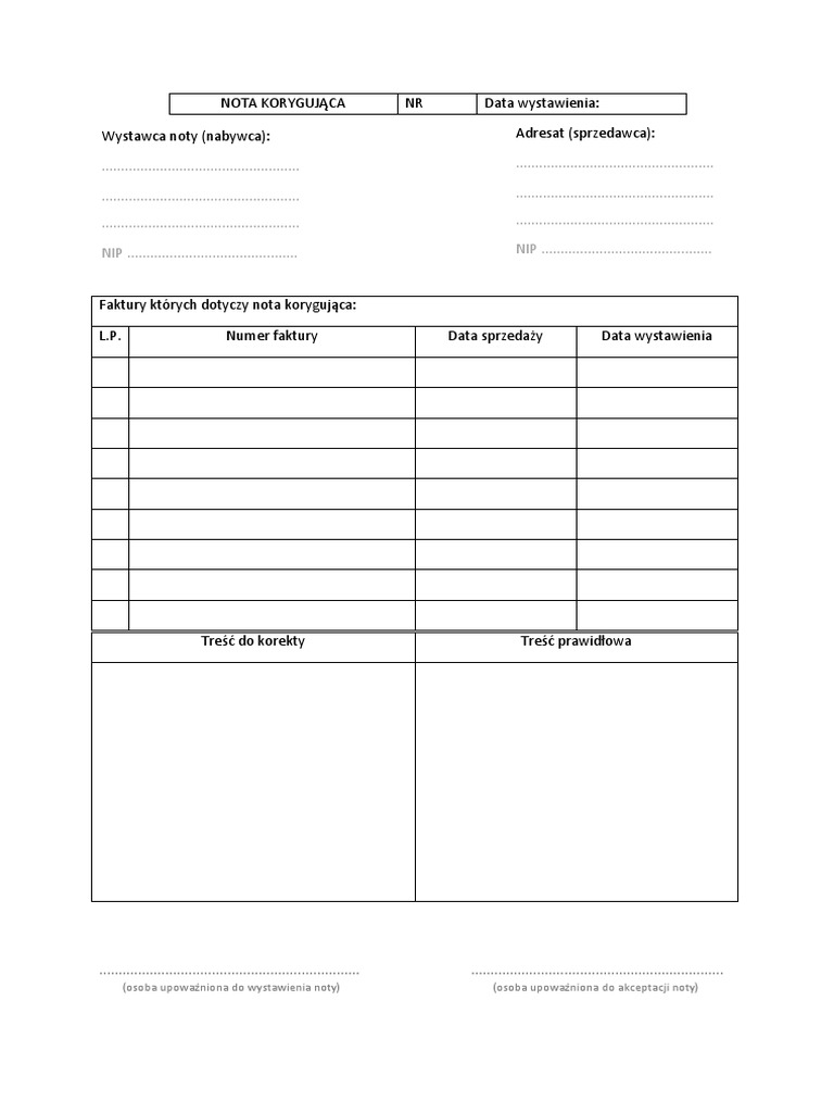 Wzór Noty Korygującej | PDF