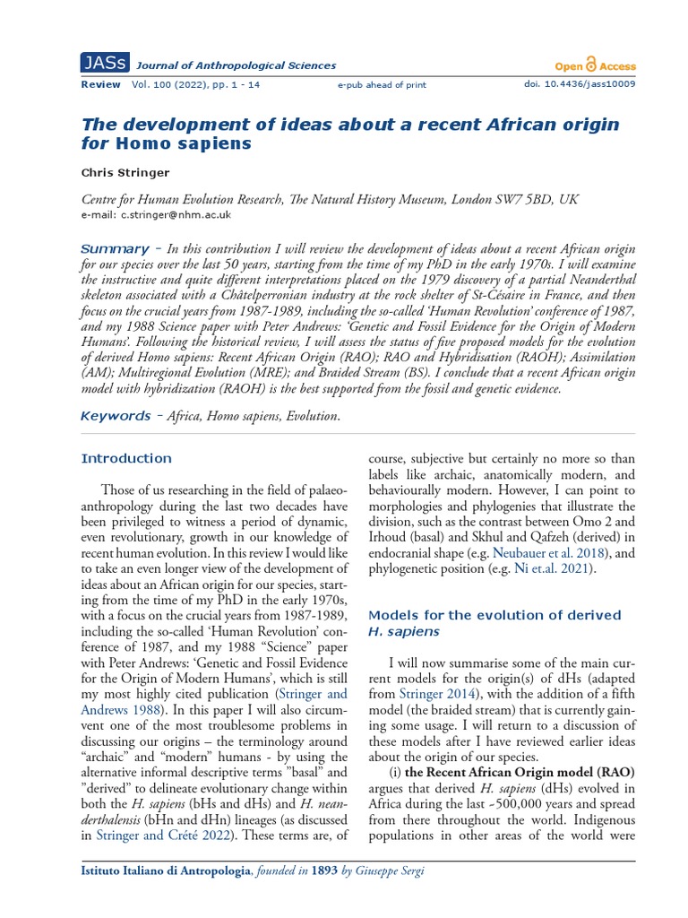 (2022 Article) Chris Stringer - The Development of Ideas About A Recent African Origin | PDF ...
