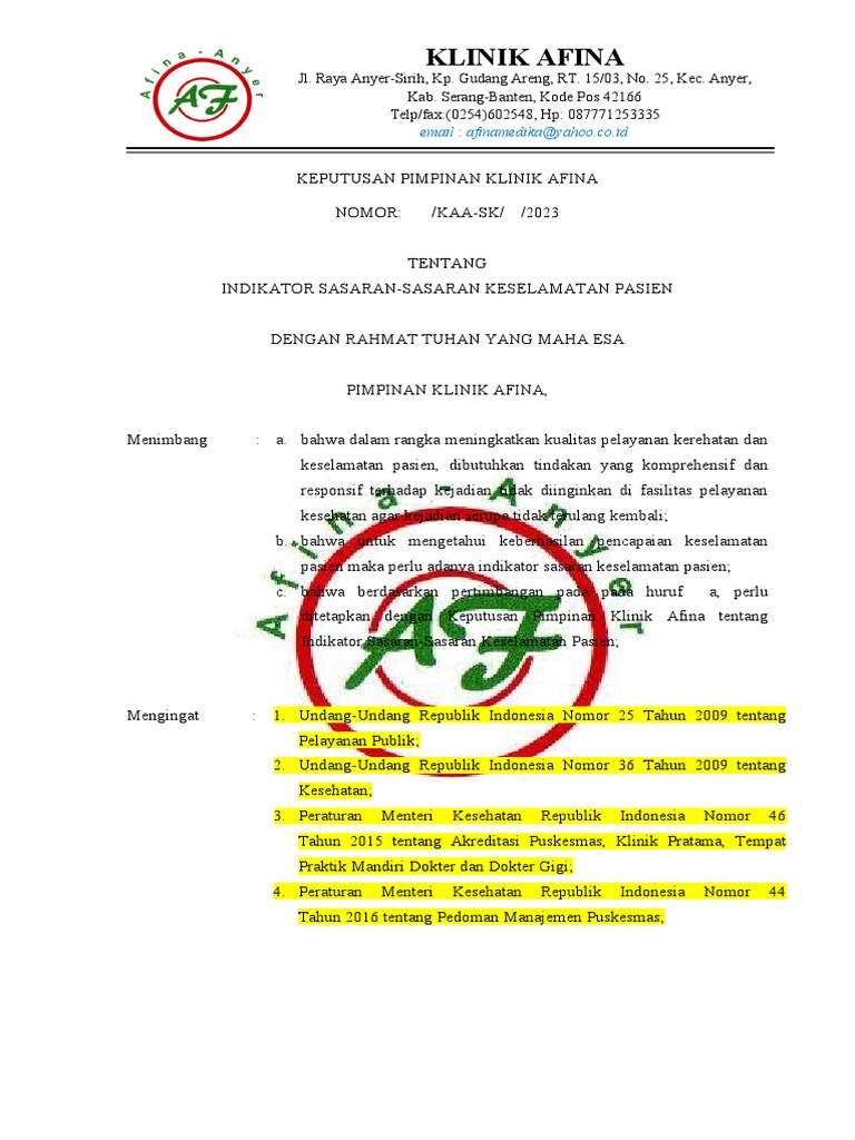 SK (Edit 145) Indikator Sasaran Keselamatan Pasien | PDF