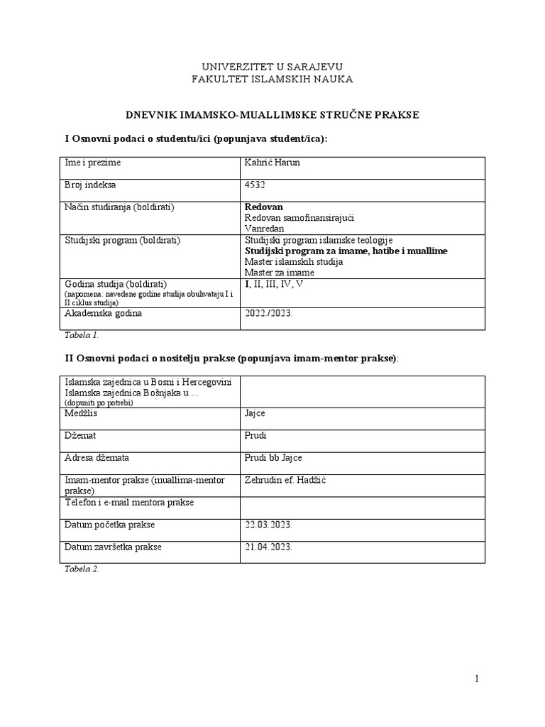 Dnevnik imamsko-muallimske stručne prakse | PDF