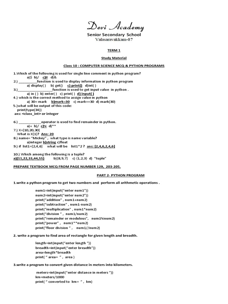 Class 10 Computer Science MCQ and Programs | PDF | Python (Programming ... Class 10 Computer Science MCQ and Programs | PDF | Python (Programming ...