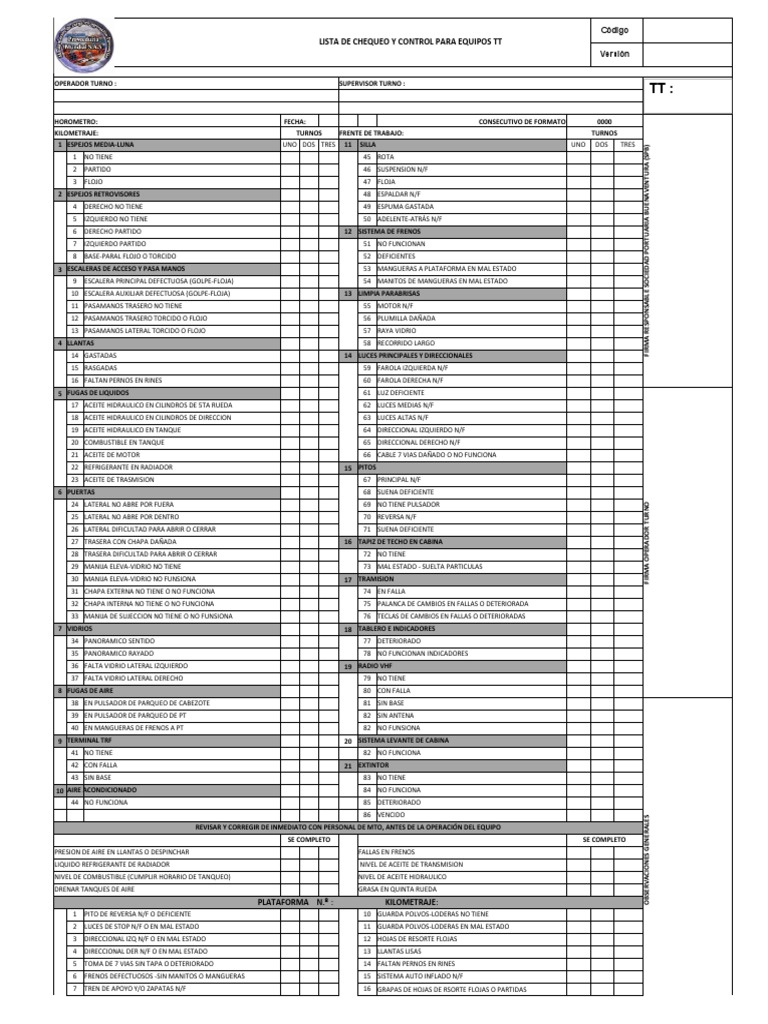 Formato Check List Equipos TT | PDF | Bienes manufacturados | Vehículos ...