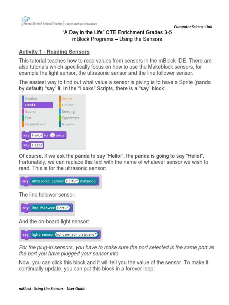 MBlock Using The Sensors Programs | PDF | Infrared | Robot