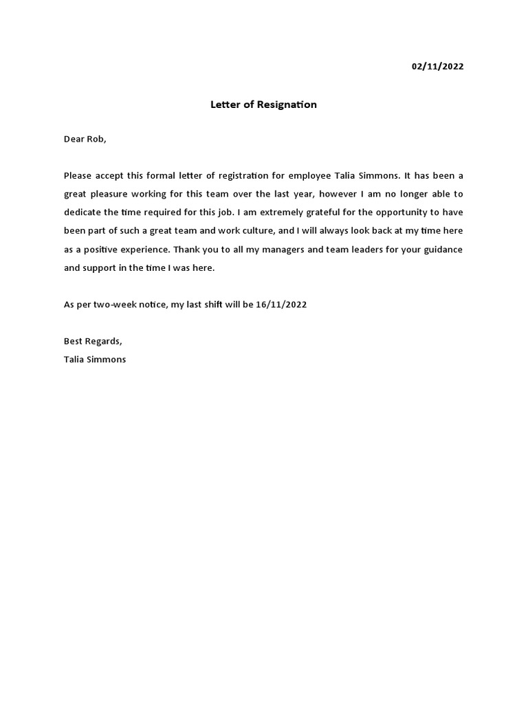 Please Accept This Formal Letter of Registration For Employee Talia ...