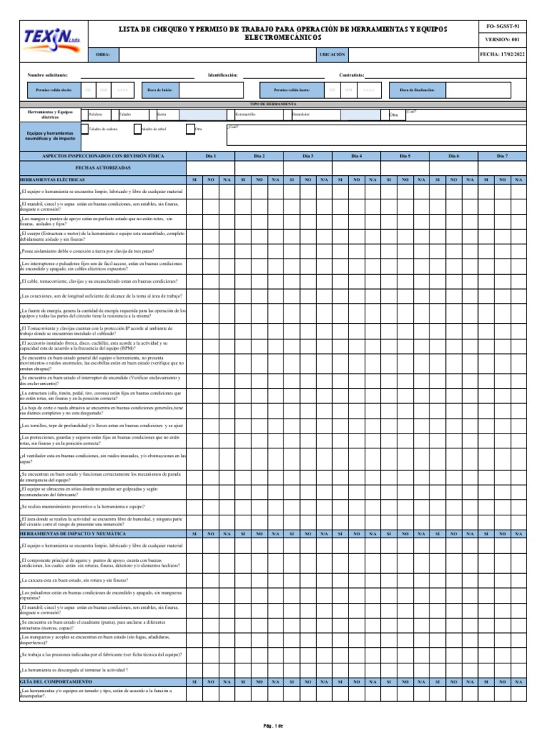 Lista de Chequeo para Inspección de Herramientas y Equipos Electromecanicos | PDF | Bienes ...