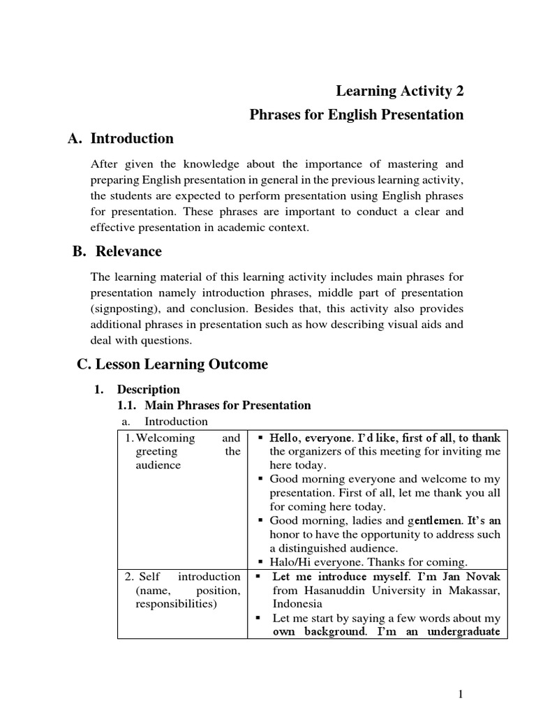 Meeting 12 Phrases For Presentation Pdf English Language Chart
