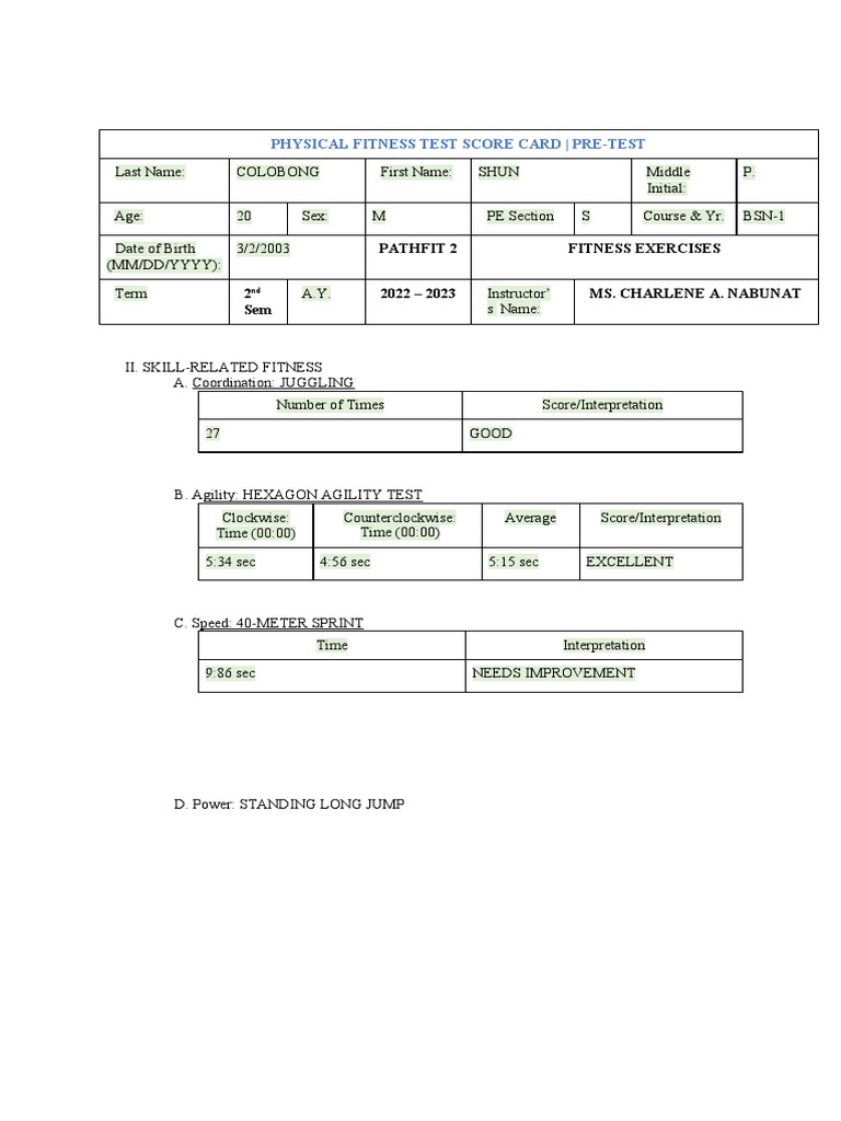 PFT Score Card (Part 2) | PDF