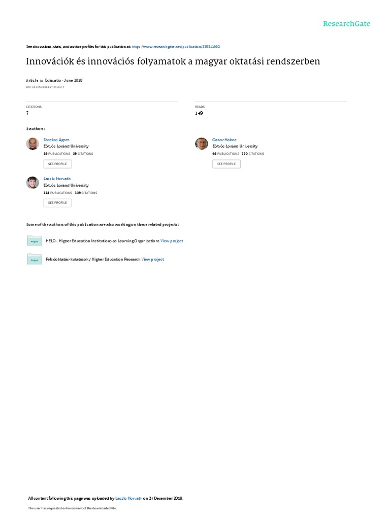 Innovaciok Es Innovacios Folyamatok A Magyar Oktat | PDF