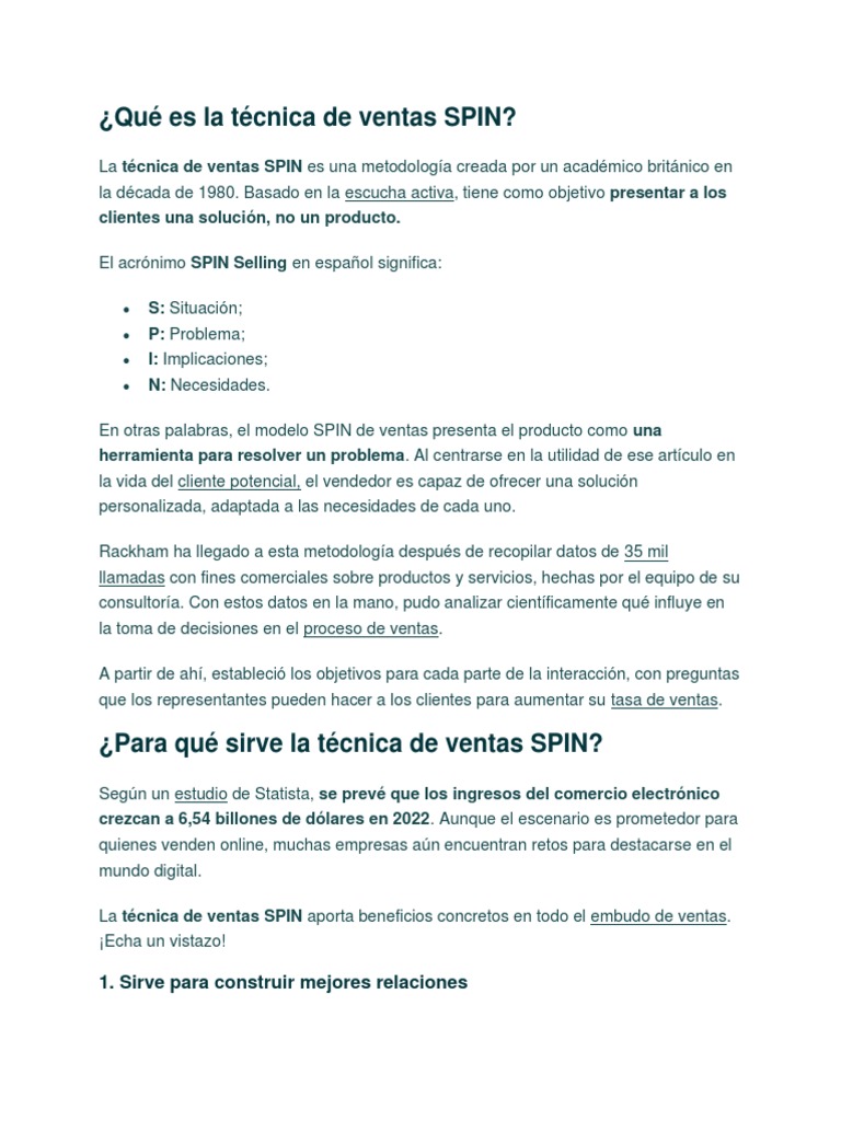 Técnica SPIN en Ventas: Guía Completa | PDF | Marketing | Cliente