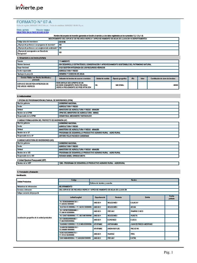 Ficha Cui Del Proyecto #2516185 | PDF | Infraestructura | Reservorio