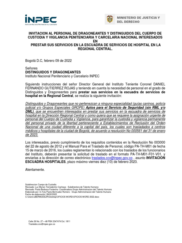 Invitacion Escuadra Hospitales Inpec | PDF