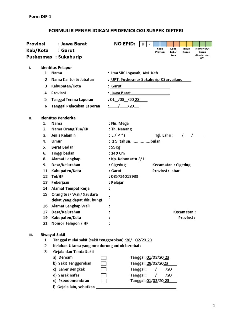 Formulir Penyelidikan Epidemiologi Difteri | PDF