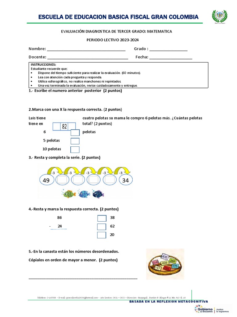 Evaluacion Diagnostica de Matematica 3er Grado | PDF