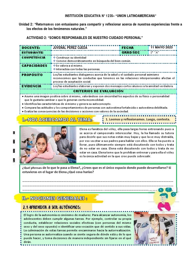 1° Grado DPCC - Somos Responsable Cuidado Personal | PDF | Las emociones | Autoestima