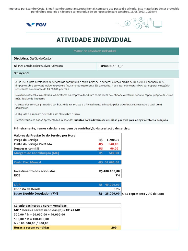 Atividade Individual - Gestão de Custos - FGV - Nota 9,5 - Passei Direto | PDF