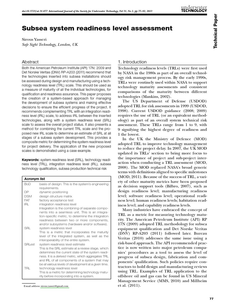 Subsea System Readiness Level Assessment | PDF