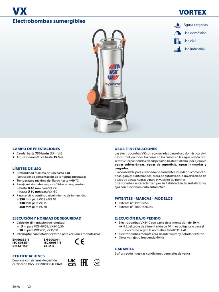 Bomba Sumergible Pedrollo VX - Es - 50hz | PDF | Acero | Bomba