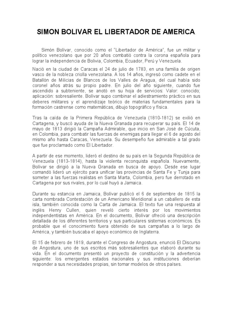 Simón Bolívar: El Libertador de América | PDF | Venezuela | América del Sur