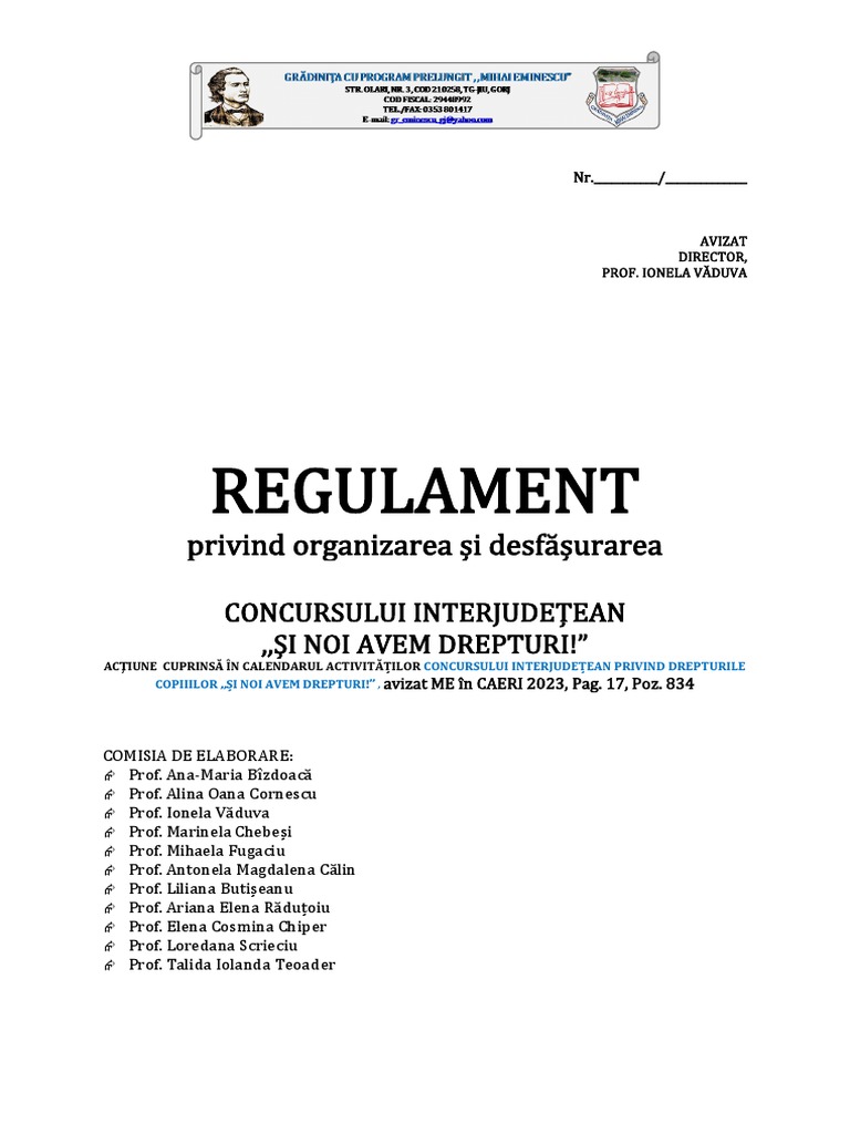 Regulament - Organizare - Concurs - Si - Noi - Avem - Drepturi | PDF