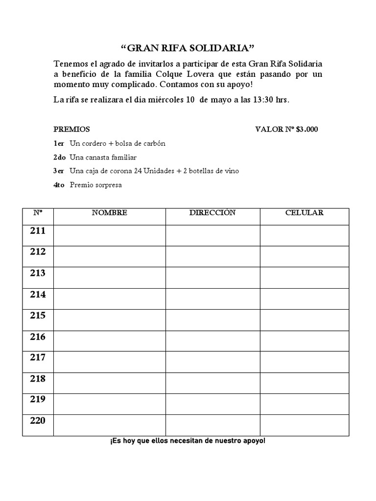 "Gran Rifa Solidaria": ¡Es Hoy Que Ellos Necesitan de Nuestro Apoyo! | PDF