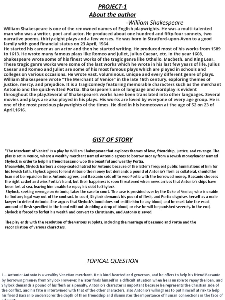English Project Literature Class 10 | PDF | Shylock | William Shakespeare