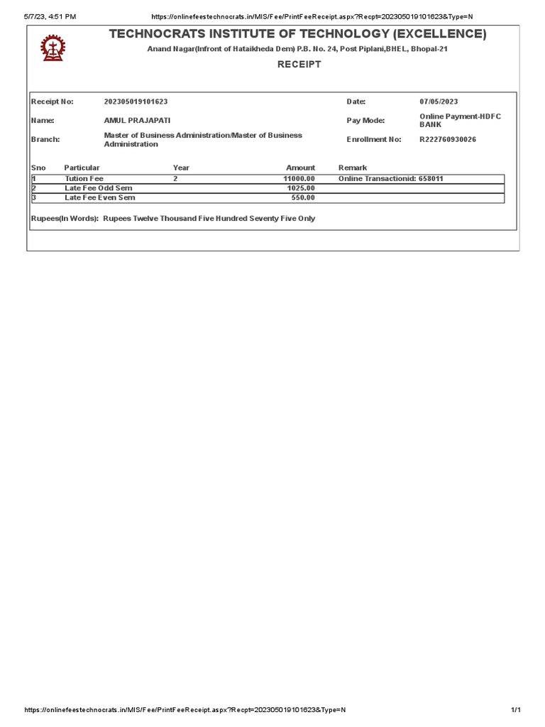 Final Sem Receipt Fees Amol | PDF