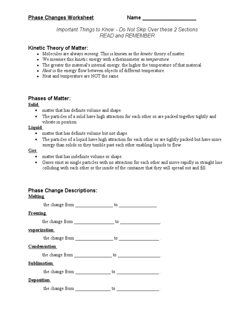 Phase Changes Worksheet | PDF | Phase (Matter) | Gases