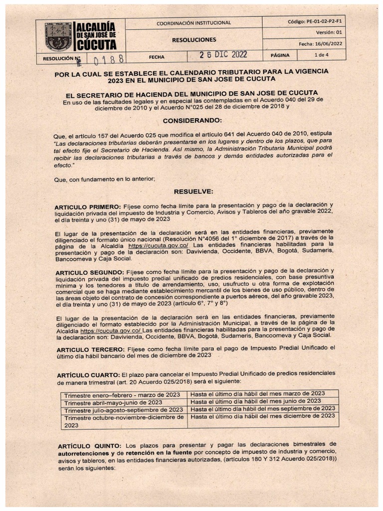 RESOL 0188 SE ESTABLECE EL CALENDARIO TRIBUTARIO PARA LA VIG 2023 EN EL MUNICIPIO DE SAN JOSE DE ...