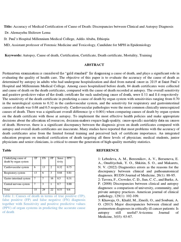 Conference Abstract On Accuracy of Death Certificate | PDF | Autopsy ...