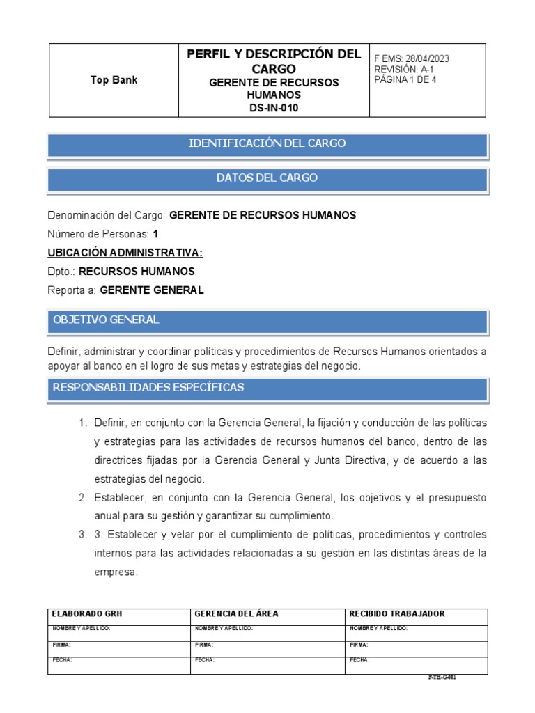 Descripción de Puesto Gte RRHH | PDF | Gestión de recursos humanos | Presupuesto