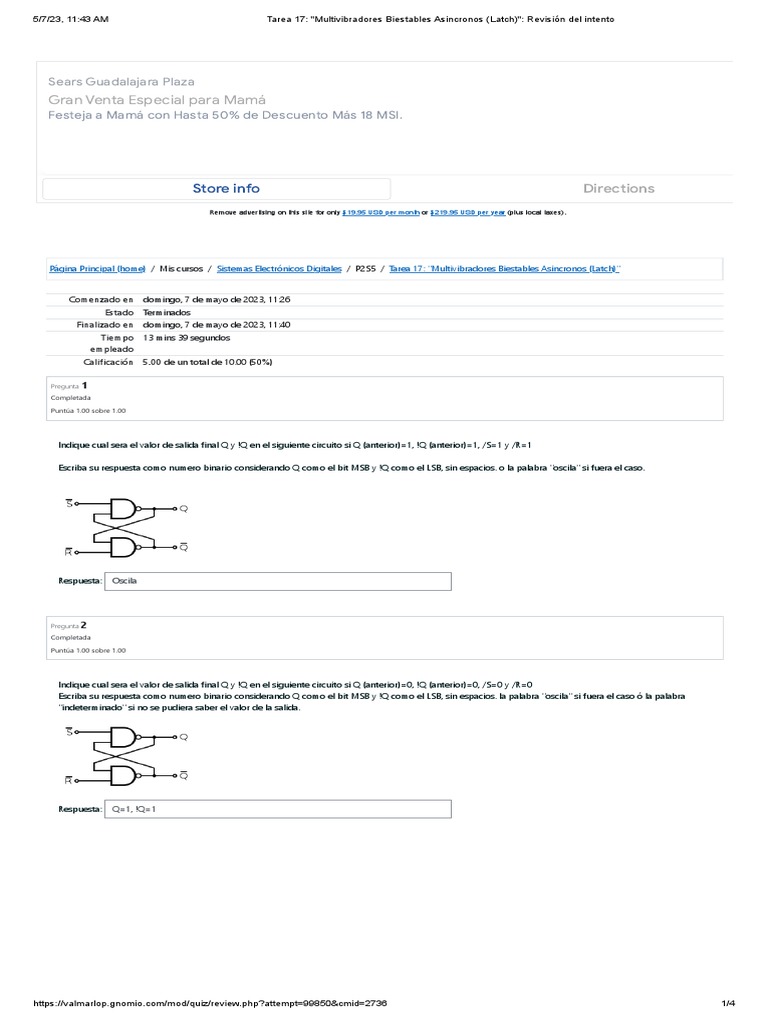 Tarea 17 - Multivibradores Biestables Asincronos (Latch) - Revisión Del Intento | PDF