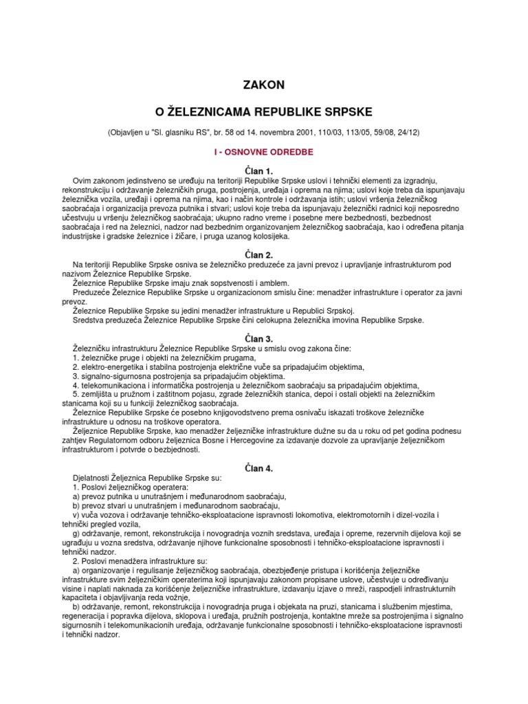 Zakon o Zeljeznicama RS | PDF