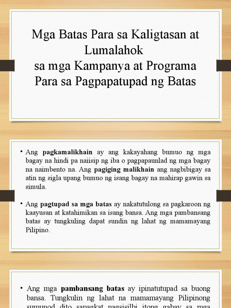 Mga Batas para Sa Kaligtasan at Lumalahok Sa Mga Kampanya at Programa ...