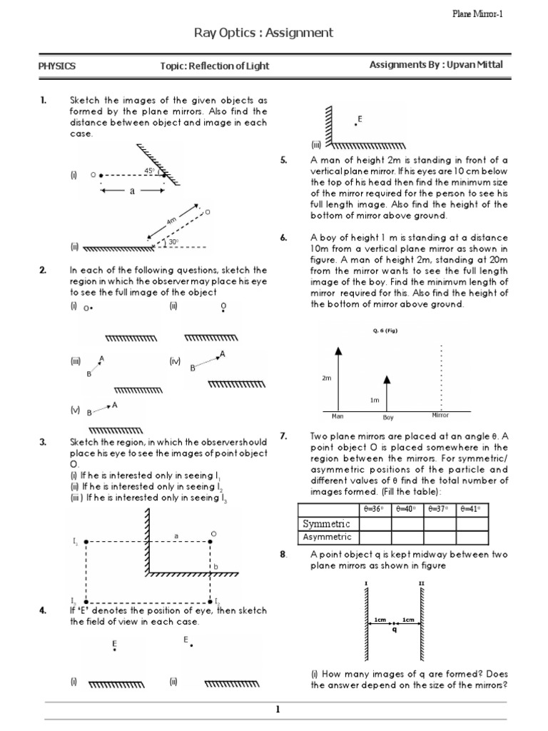 Plane Mirror Reflection Ray Optics Assignment | PDF | Mirror | Angle