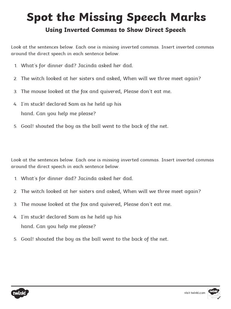 Missing Speech Marks Worksheet | PDF